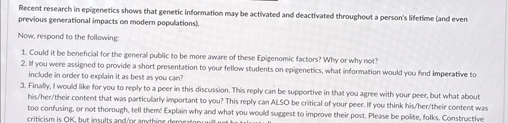 Solved Recent research in epigenetics shows that genetic | Chegg.com