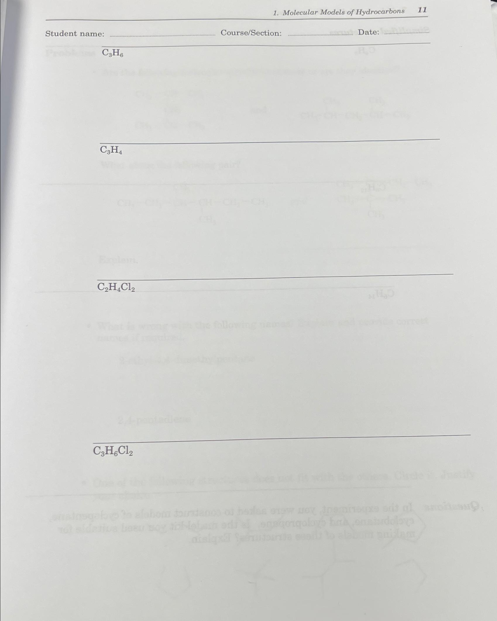 Solved Molecular Models of Hydrocarbons11Student name: | Chegg.com