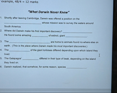 Solved example, 484=12 ﻿marks"What Darwin Never Knew"Shortly | Chegg.com