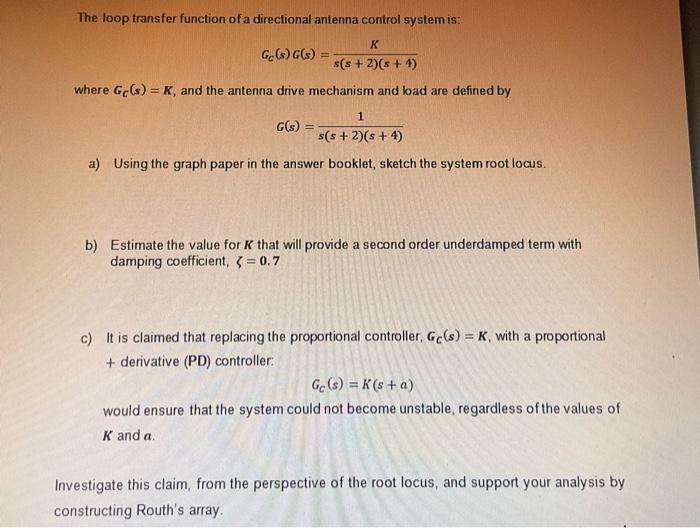 Solved The loop transfer function of a directional antenna | Chegg.com