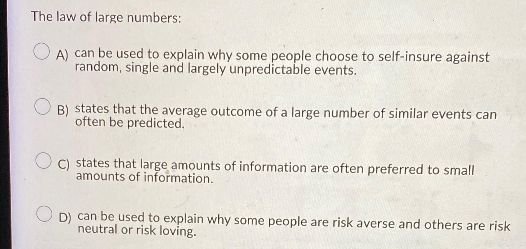Solved The law of large numbers:A) ﻿can be used to explain | Chegg.com