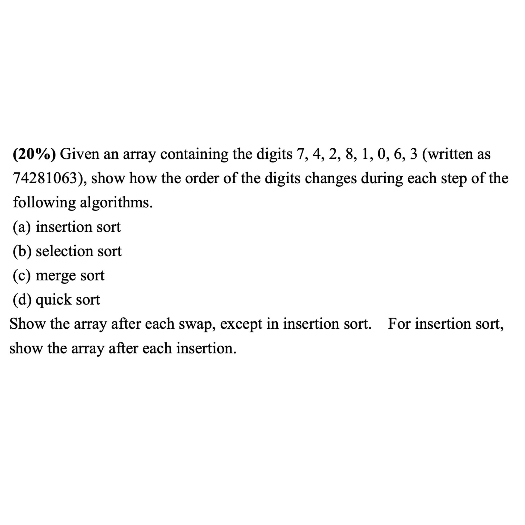 Solved (20%) ﻿Given an array containing the digits | Chegg.com