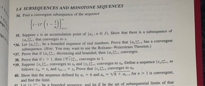 Solved 1.4 SUBSEQUENCES AND MONOTONE SEQUENCES 34. Find a | Chegg.com