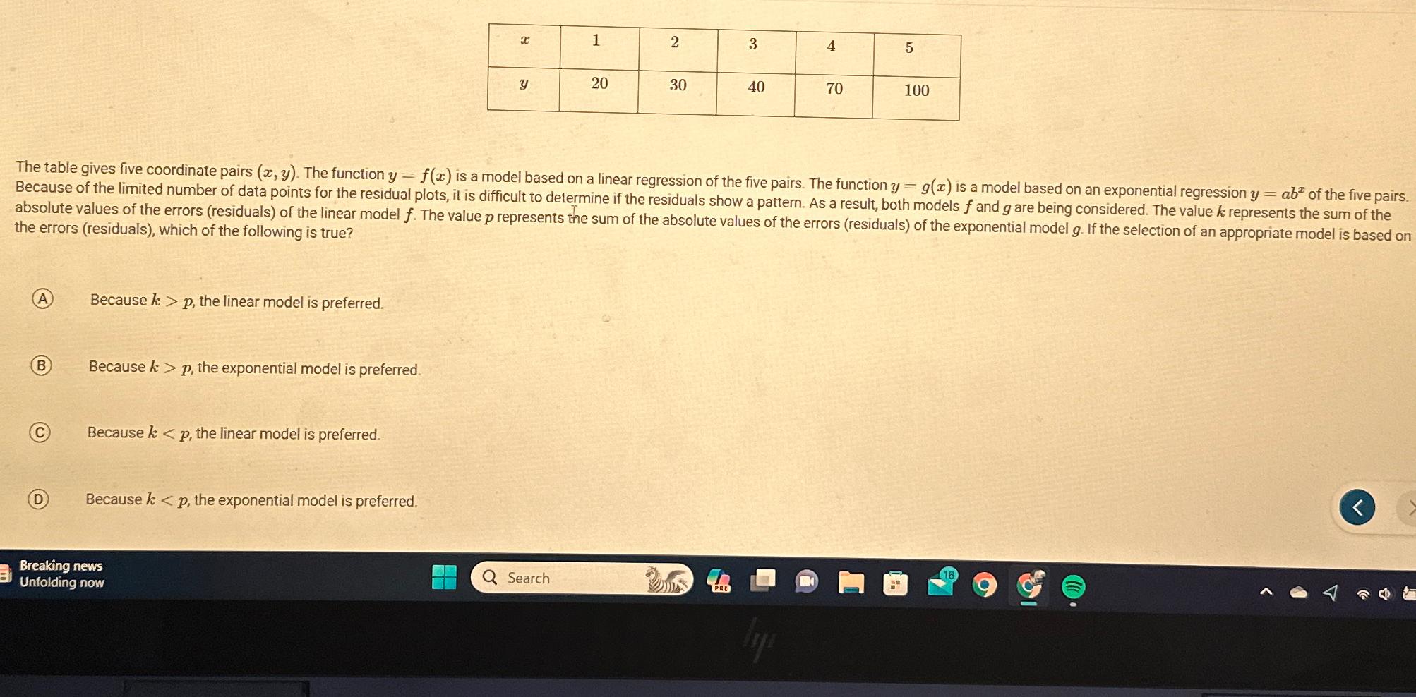 Solved \table[[x,1,2,3,4,5],[y,20,30,40,70,100]]The table | Chegg.com