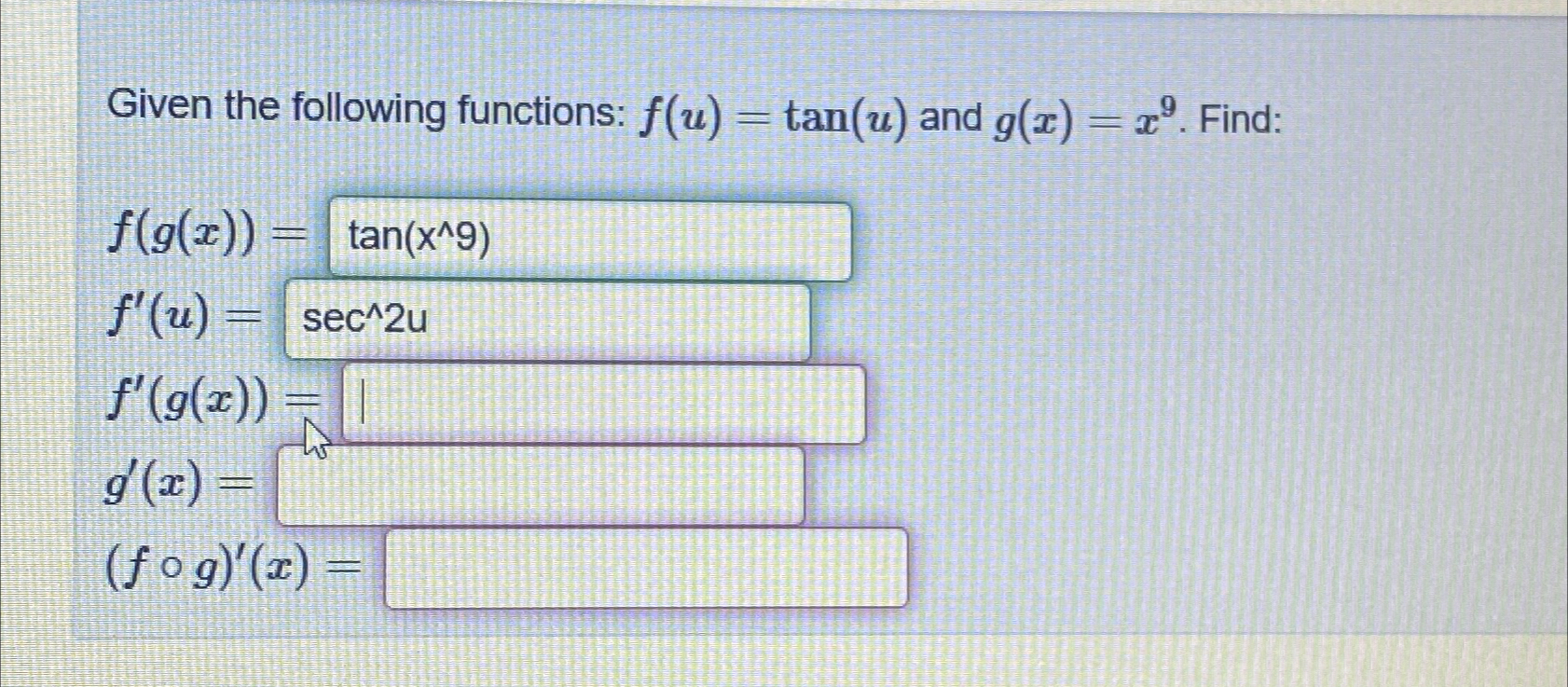 Solved Given the following functions: f(u)=tan(u) ﻿and | Chegg.com