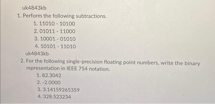 Solved 1. Perform the following subtractions. 1. 11010−10100 | Chegg.com