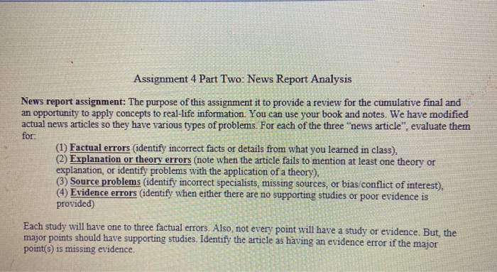 Assignment 4 Part Two: News Report Analysis News | Chegg.com