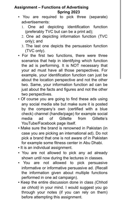 Assignment - Functions of Advertising Spring 2023 - | Chegg.com