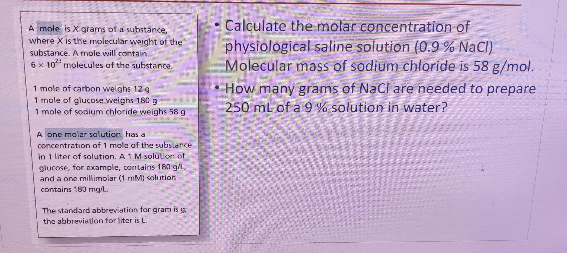 Solved Calculate the molar concentration of physiological | Chegg.com