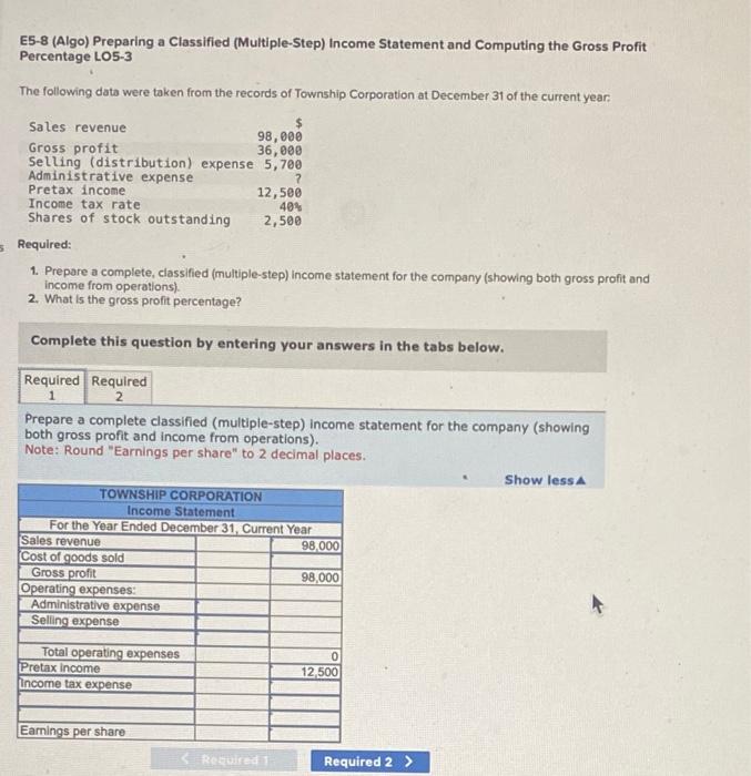 Solved E5-8 (Algo) Preparing a Classified (Multiple-Step) | Chegg.com