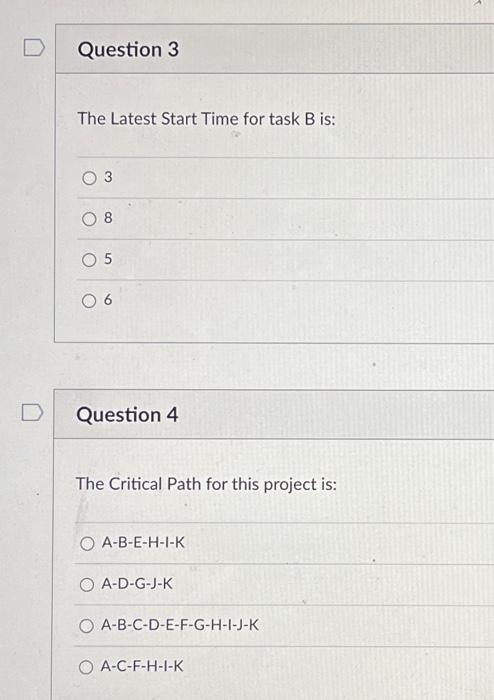 Solved The Latest Start Time for task B is: 3 8 5 6 | Chegg.com
