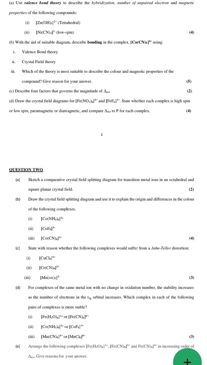 Solved (a) Use valence bond theory to describe the | Chegg.com