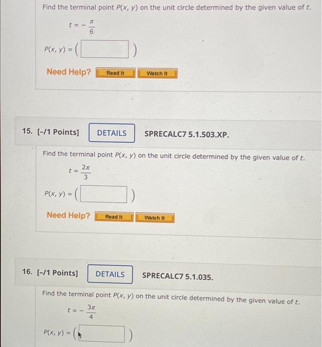 Solved Find the terminal point P(x, y) on the unit circle | Chegg.com
