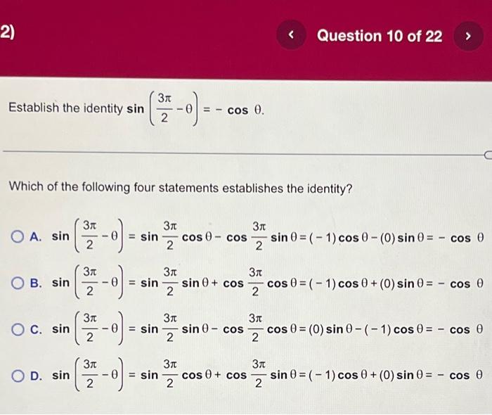 Solved 2) Establish the identity sin O A. sin OB. sin O C. | Chegg.com
