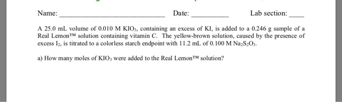 Solved Name: Date: Lab section: A 25.0 mL volume of 0.010 M | Chegg.com