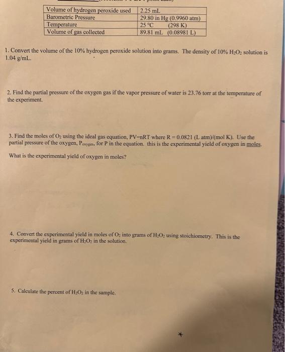 Solved 1. Convert the volume of the 10% hydrogen peroxide | Chegg.com