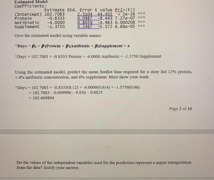 Solved Estimated Model Coefficients: Estimate Std. Error t | Chegg.com