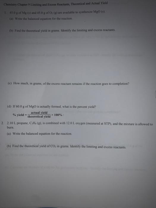 Solved Chemistry Chapter 9 Limiting and Excess Reactants, | Chegg.com