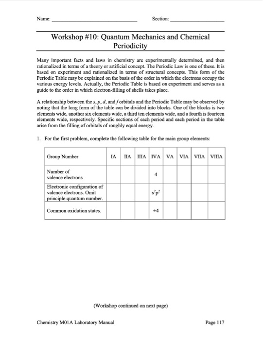 Solved Name: Section: Workshop #10: Quantum Mechanics and | Chegg.com