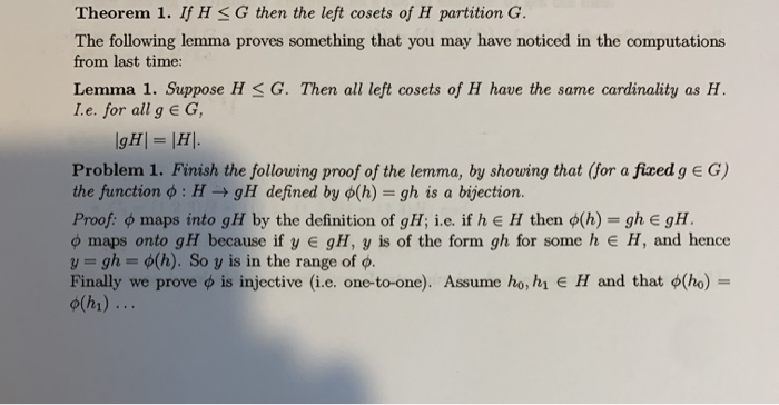 Solved Theorem 1. If HCG then the left cosets of H partition | Chegg.com