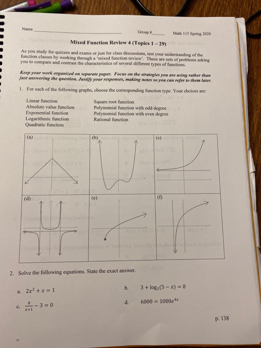 Solved Group #_ Math 115 Spring 2020 Mixed Function Review 4 | Chegg.com