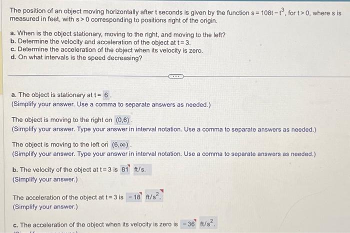 Solved The position of an object moving horizontally after t | Chegg.com