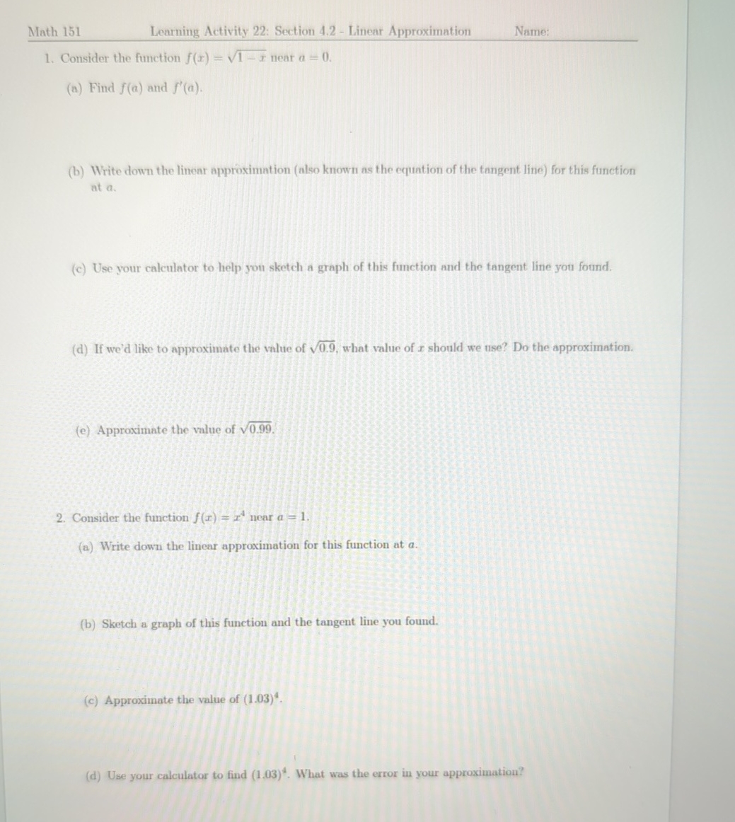 Solved Math 151Learning Activity 22: Section 4.2 - ﻿Linear | Chegg.com