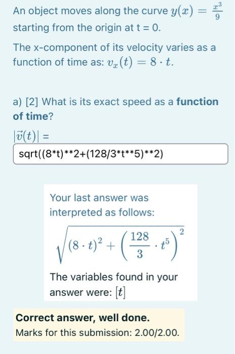 Solved An object moves along the curve y(x)=9x3 starting | Chegg.com