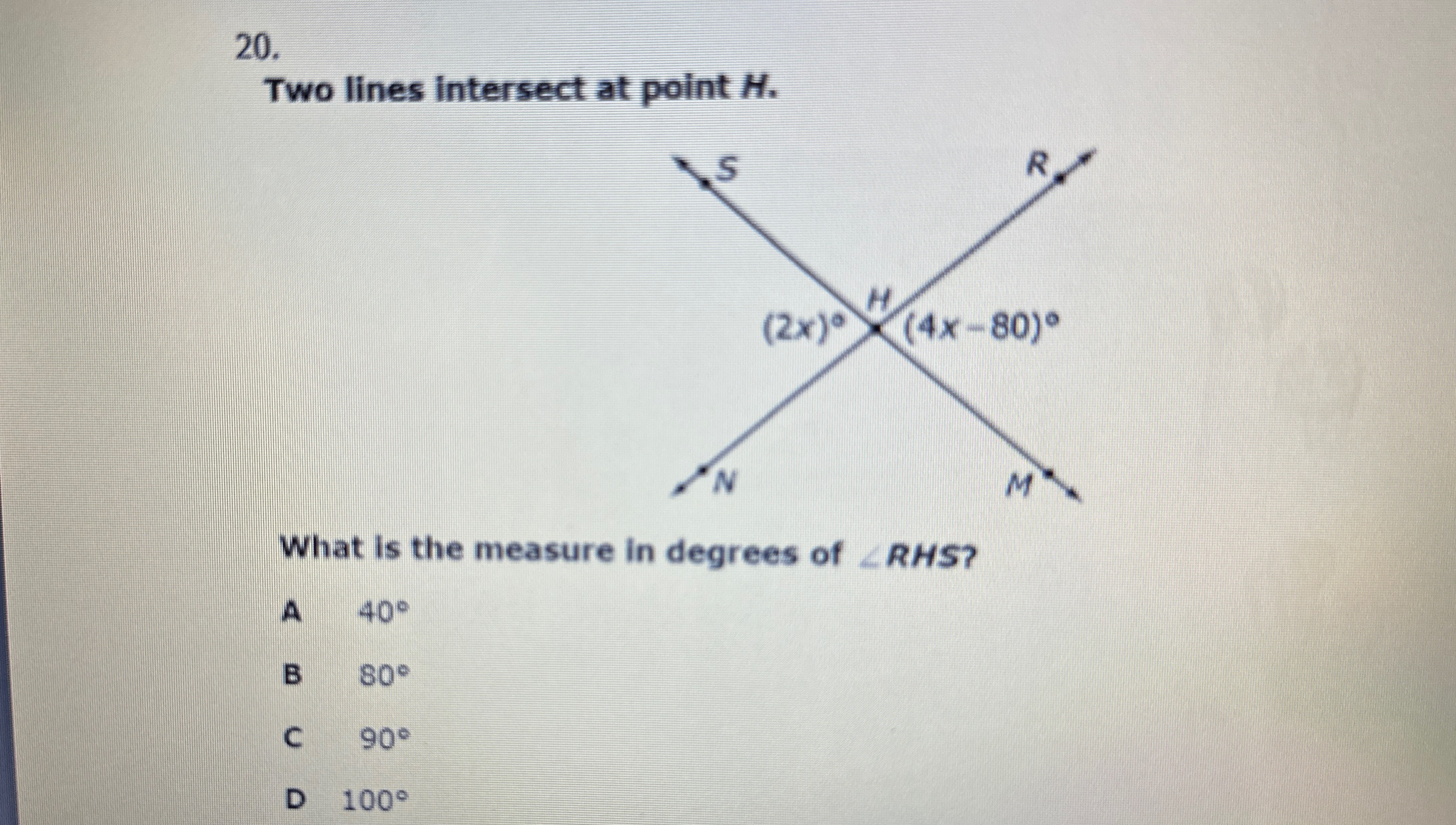 Solved Two lines intersect at point H.What is the measure in | Chegg.com