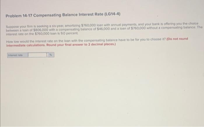 Solved Problem 14-17 Compensating Balance Interest Rate | Chegg.com
