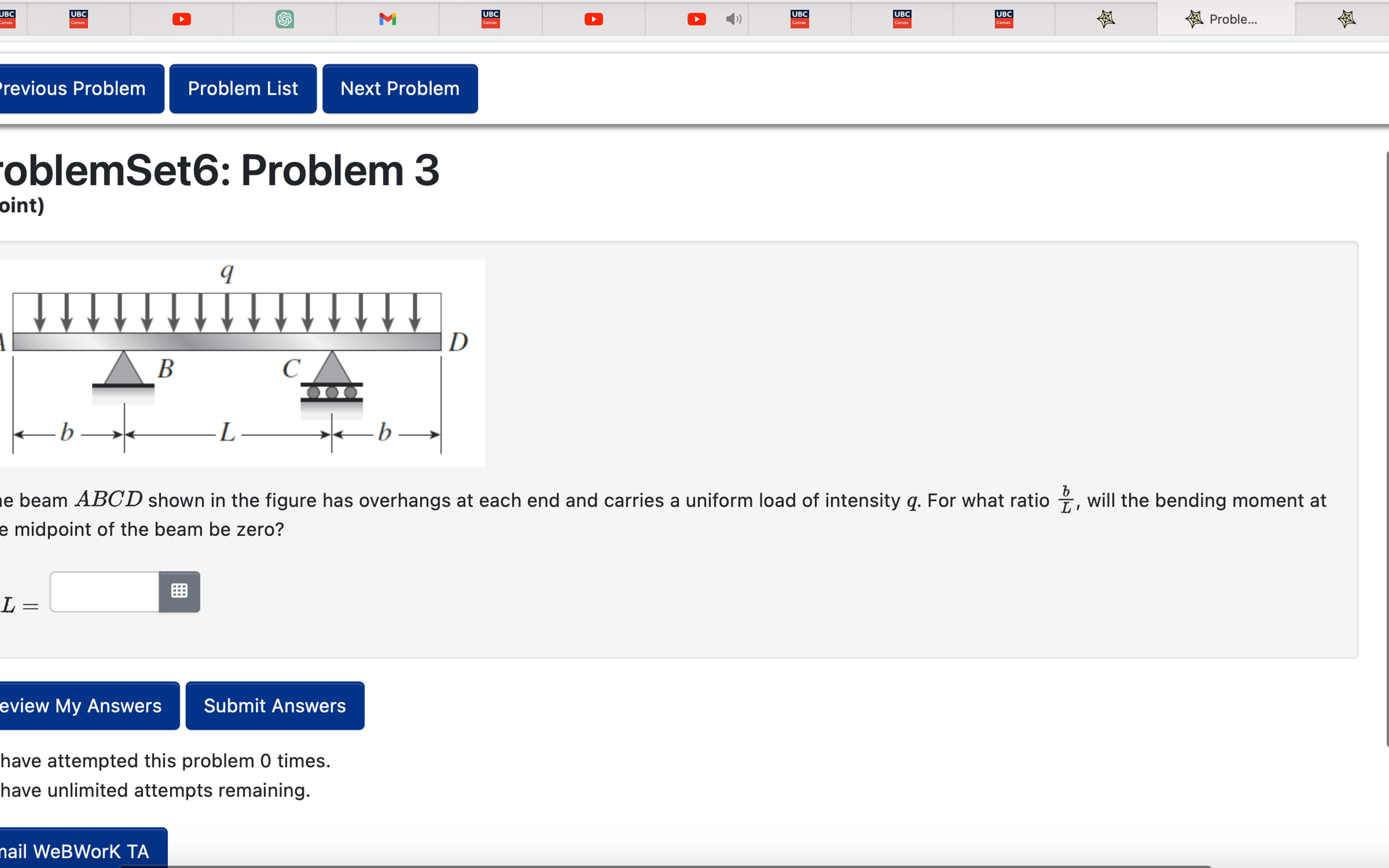 Solved oint)e beam ABCD shown in the figure has overhangs at | Chegg.com