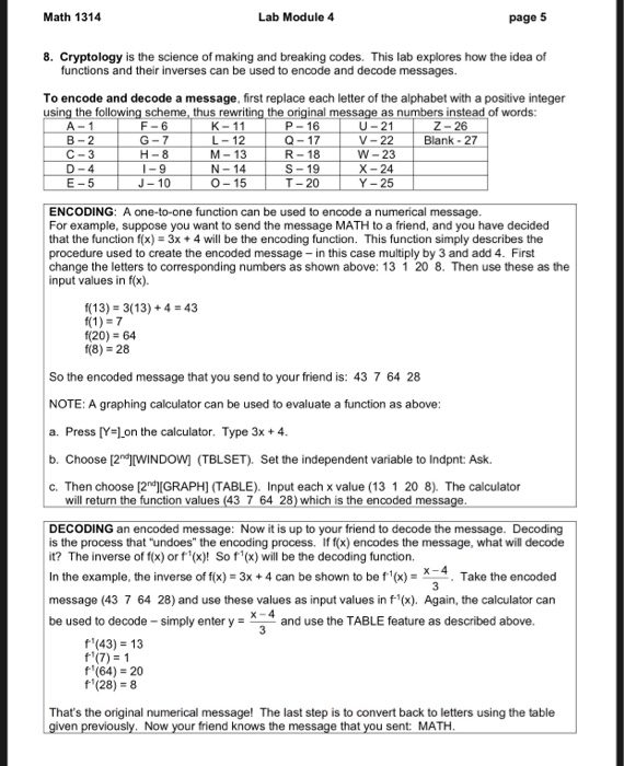 Solved Math 1314 Lab Module 4 page 5 8. Cryptology is the | Chegg.com