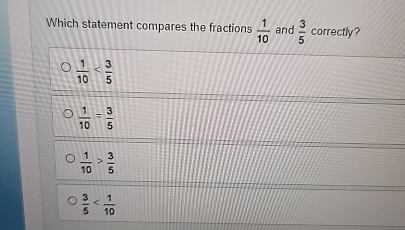 Solved Which statement compares the fractions 110 ﻿and 35 | Chegg.com