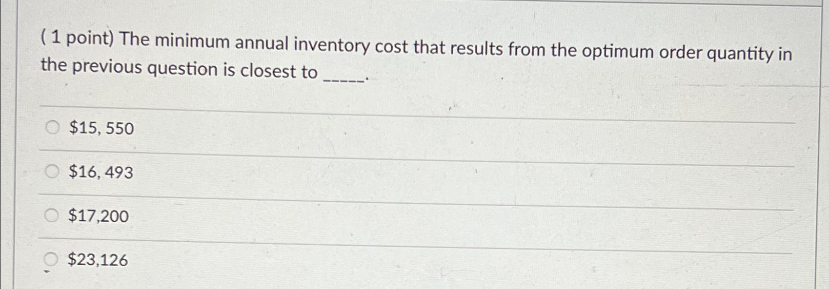 Solved ( 1 ﻿point) ﻿The minimum annual inventory cost that | Chegg.com