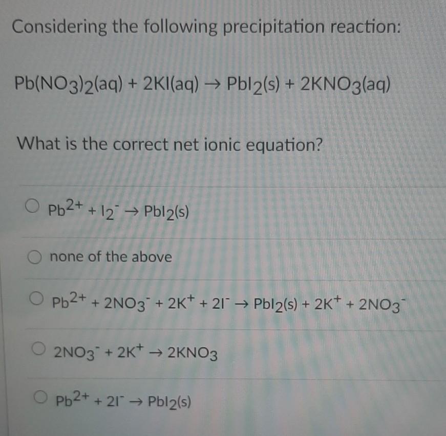 Solved Considering the following precipitation reaction: | Chegg.com