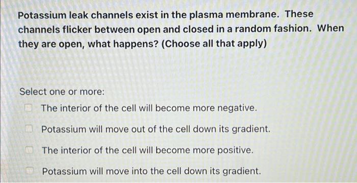 Solved Potassium leak channels exist in the plasma membrane. | Chegg.com