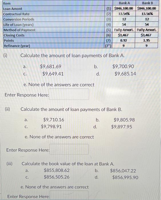 (i) Calculate the amount of loan payments of Bank A. | Chegg.com