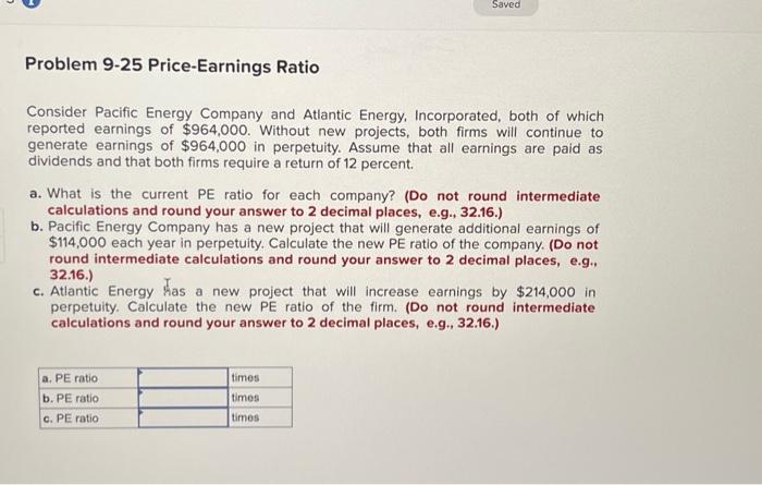 Solved Problem 9-25 Price-Earnings Ratio Consider Pacific | Chegg.com