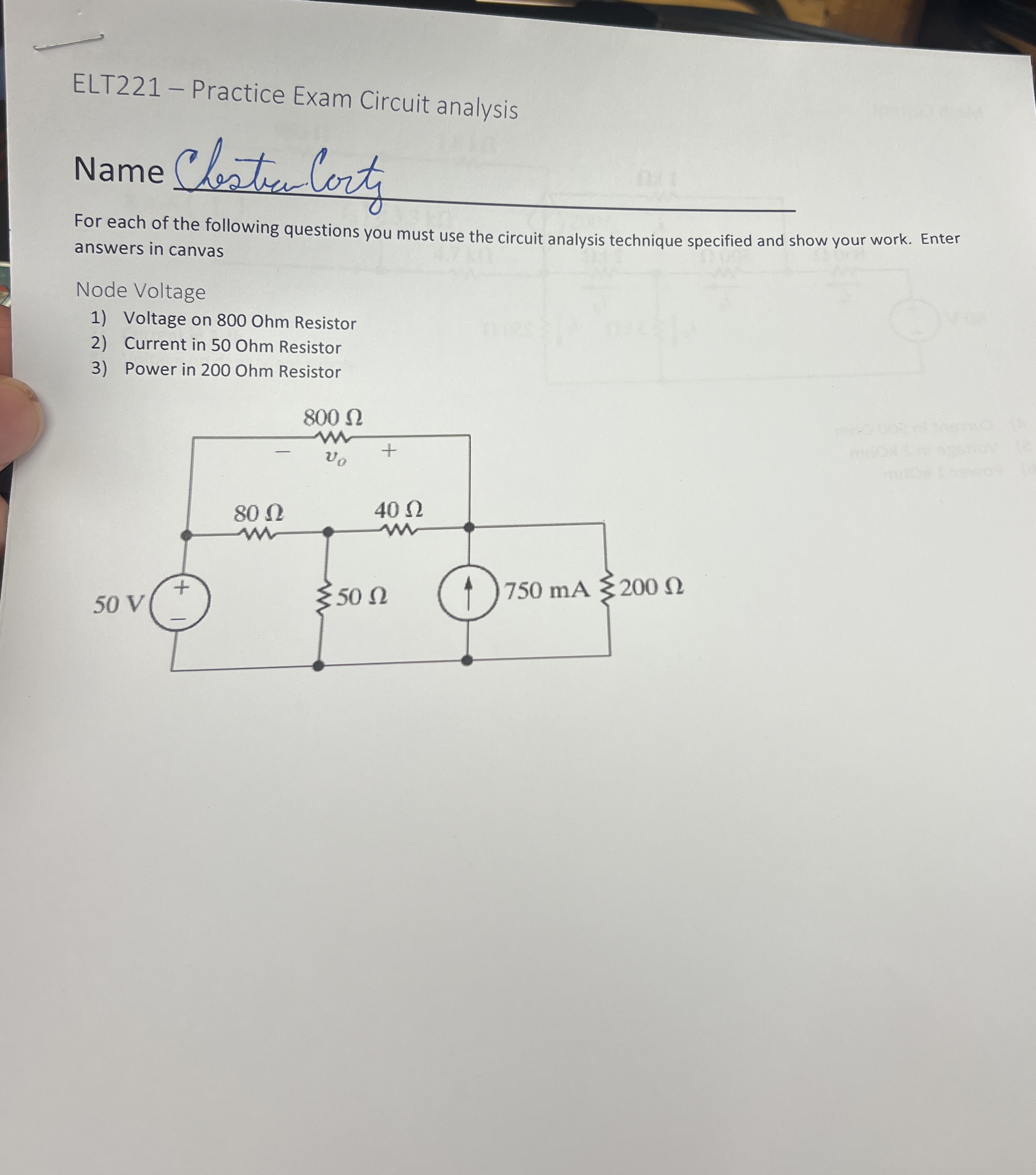 Solved ELT221 - ﻿Practice Exam Circuit analysisName | Chegg.com