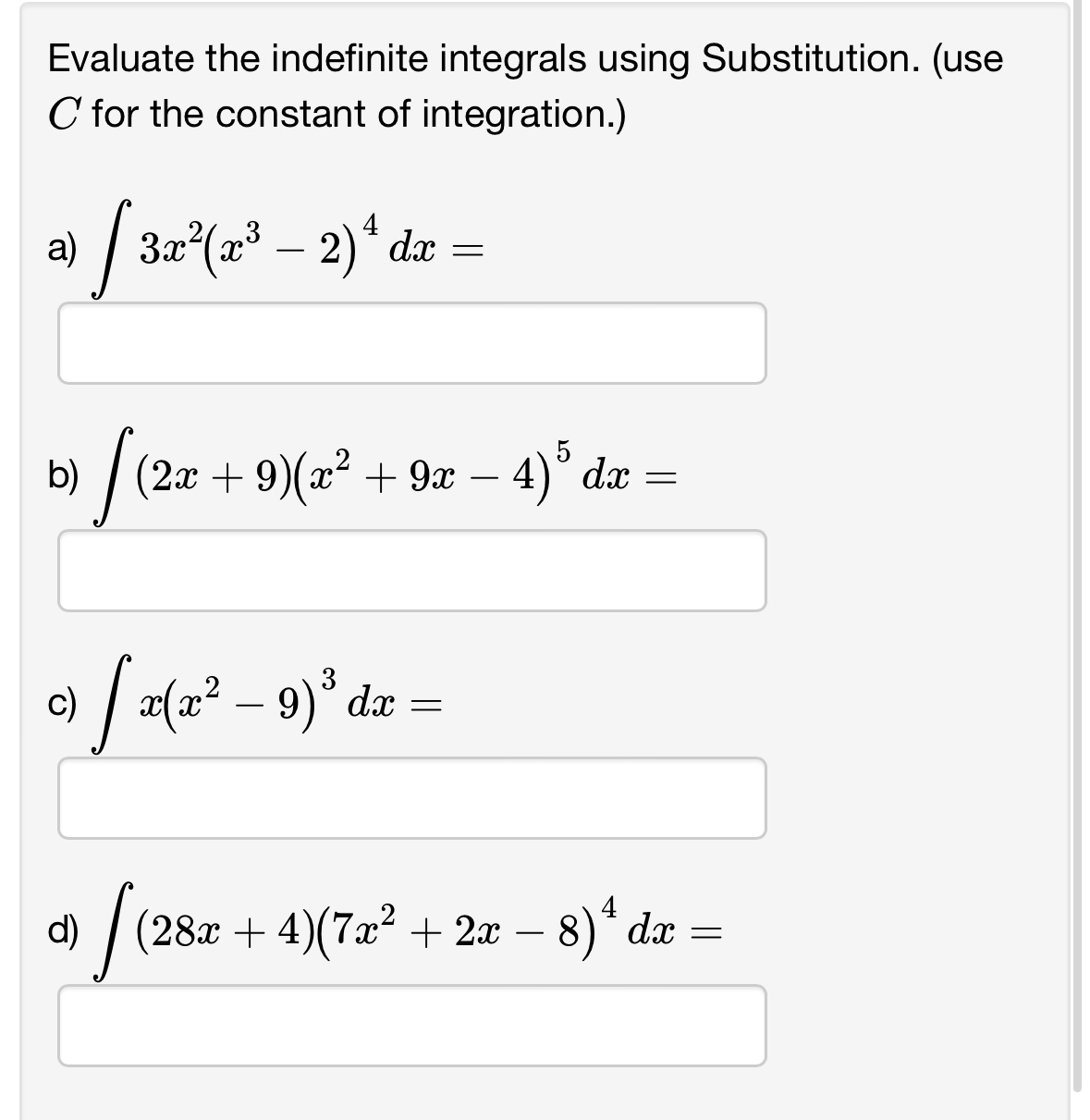 Solved Evaluate the indefinite integrals using Substitution. | Chegg.com