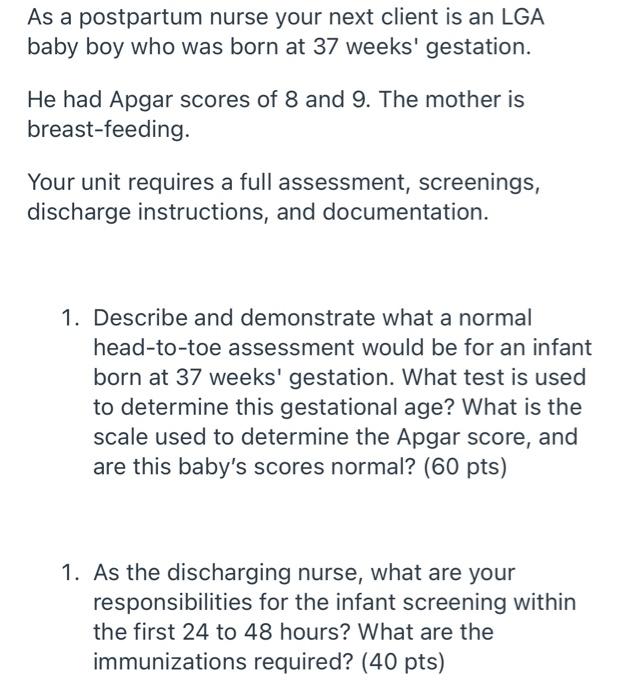 Solved As a postpartum nurse your next client is an LGA baby | Chegg.com