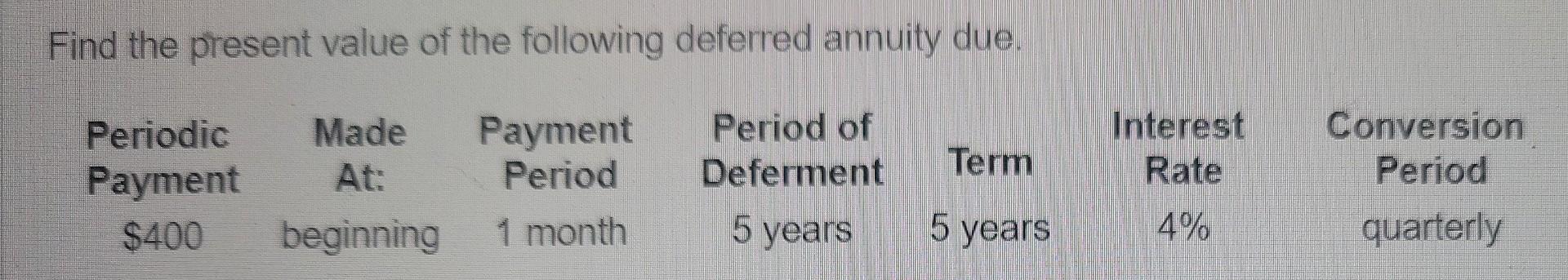 Solved Find the present value of the following deferred | Chegg.com