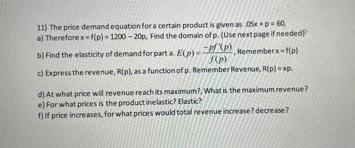 Solved 11) The price demand equation for a certain product | Chegg.com