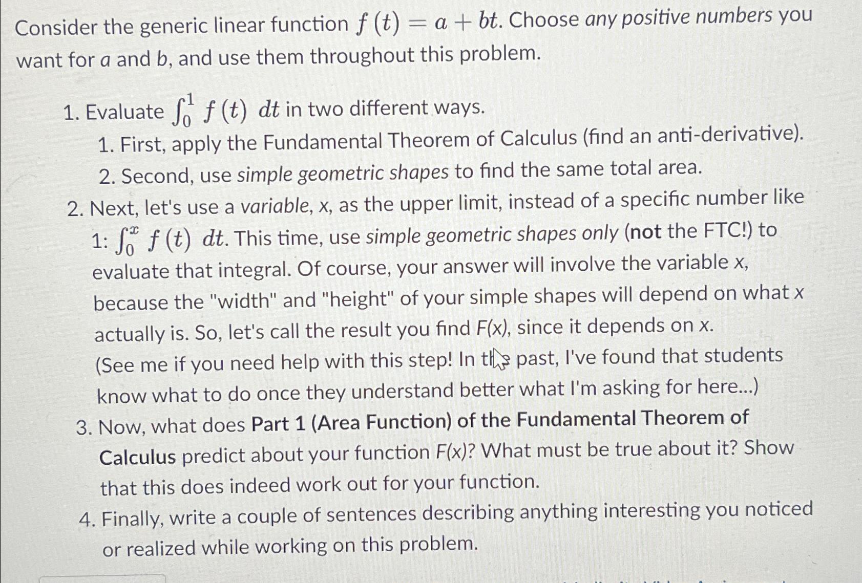 Solved Consider the generic linear function f(t)=a+bt. | Chegg.com