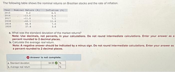 Solved The following table shows the nominal returns on | Chegg.com