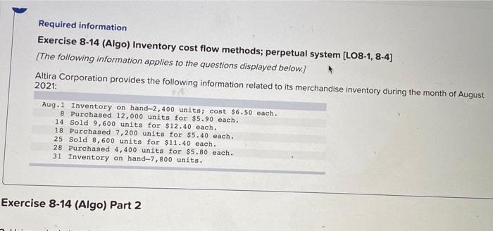 Solved Required information Exercise 8-14 (Algo) Inventory | Chegg.com