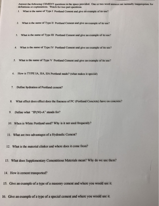 Solved Answer the following CEMENT questions in the space | Chegg.com