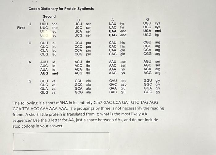 Solved Codon Dictionary for Protein Synthesis The following | Chegg.com