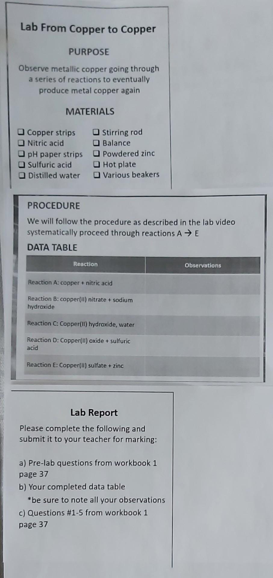 Solved Lab From Copper to Copper PURPOSE Observe metallic | Chegg.com