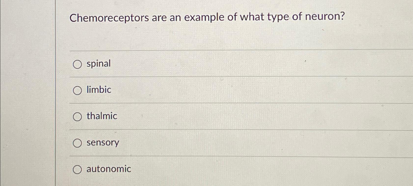 Solved Chemoreceptors are an example of what type of | Chegg.com
